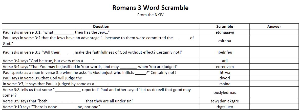 Romans 3 Word Scramble - Seeds to Strength Bible School